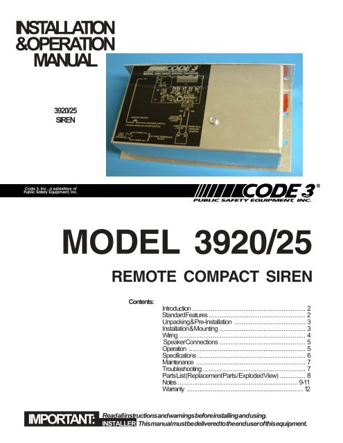 Remote Compact Siren Installation Guide - Code 3 Public Safety ...