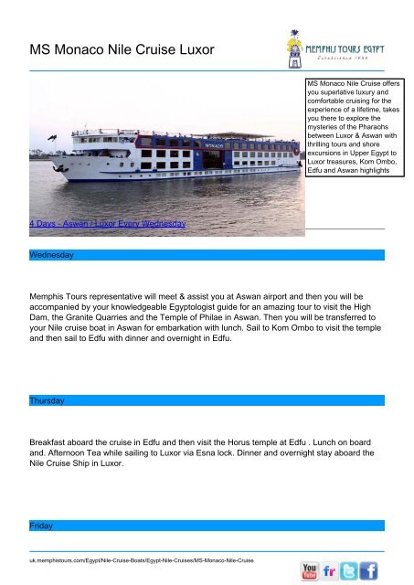 MS Monaco Nile Cruise Luxor - Memphis Tours