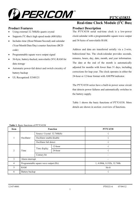Real-time Clock Module (I C Bus) PT7C433833 - Pericom