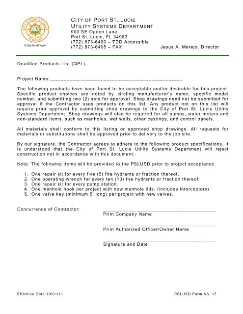 Qualified Product List | Utility Systems | City of Port St. Lucie, Florida