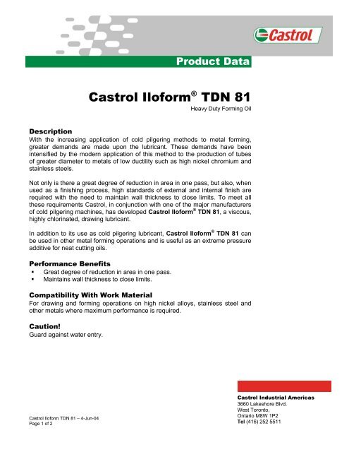 Castrol IloformÂ® TDN 81 - Castrol Industrial