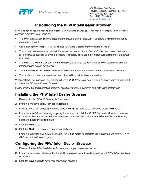 Introducing the PFW IntelliDealer Browser: Installation / Configuration