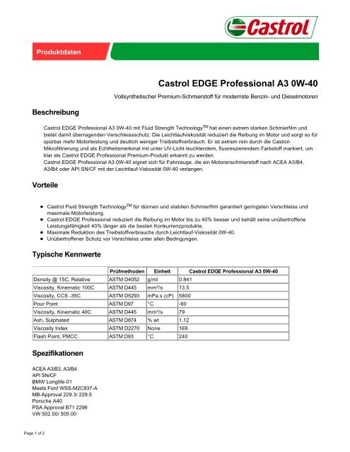 Castrol EDGE Professional A3 0W-40 (PDF) - Korb Schmierstoffe Castrol EDGE Professional A3 0W-40 (PDF) - Korb Schmierstoffe