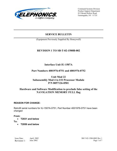 SB-T-02-1500B-002 Rev 1 - Telephonics Corporation