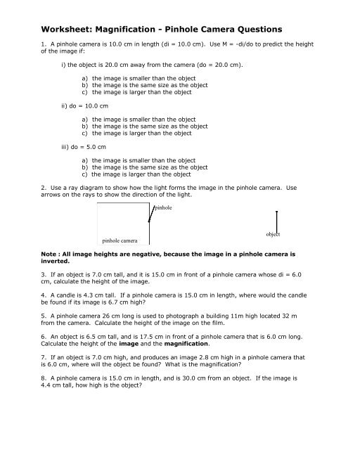 Worksheet: Magnification - Pinhole Camera Questions