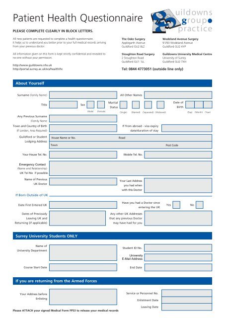 Patient Health Questionnaire - My Surgery Website