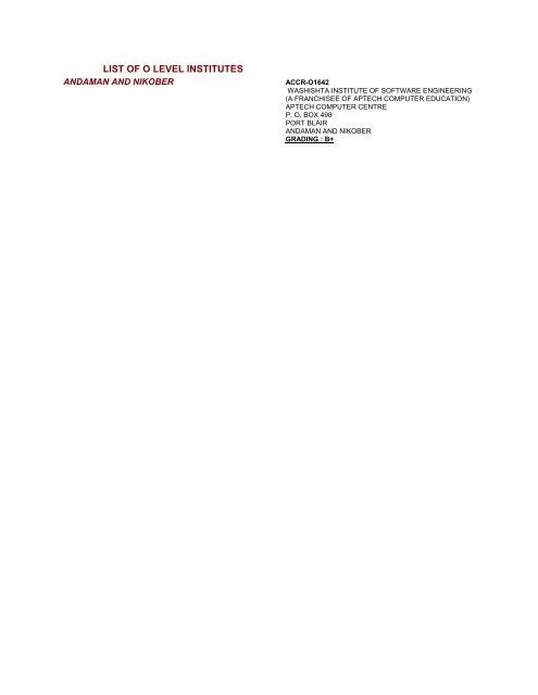 List Of O Level Institutes Doeacc