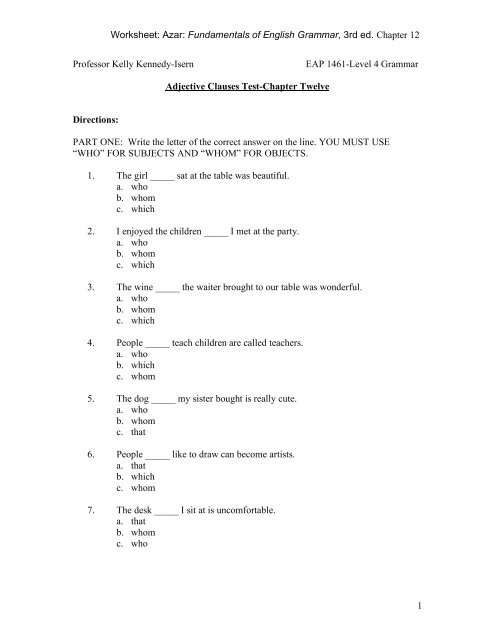 Worksheet: Azar: Fundamentals of English Grammar, 3rd ed ...