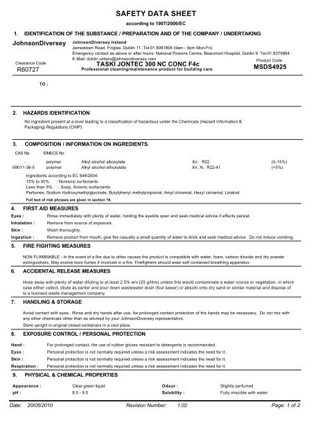 MSDS4925 - TASKI JONTEC 300 NC CONC F4c - JBS Group