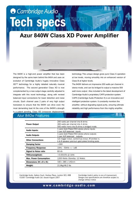 Azur 840W Class XD Power Amplifier - Cambridge Audio