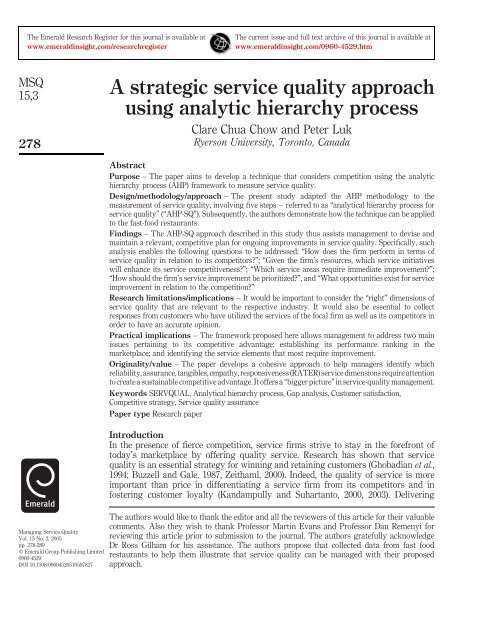 A Strategic Service Quality Approach Using Analytic Hierarchy Process