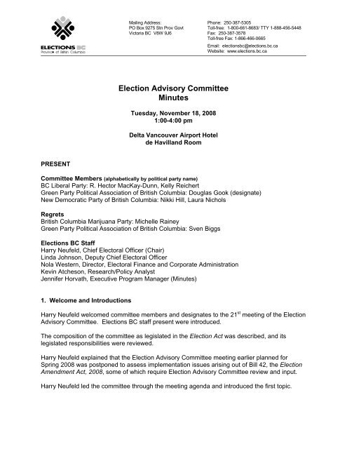 Election Advisory Committee Meeting Minutes ... - Elections BC