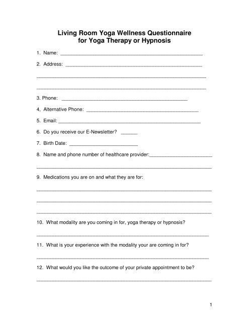 Living Room Yoga Wellness Questionnaire for Yoga Therapy or ...