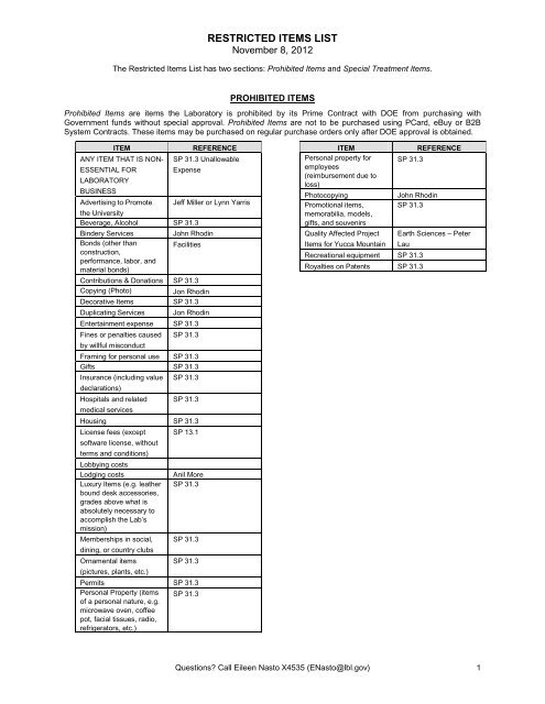 The Restricted Items List below shows items the ... - Procurement