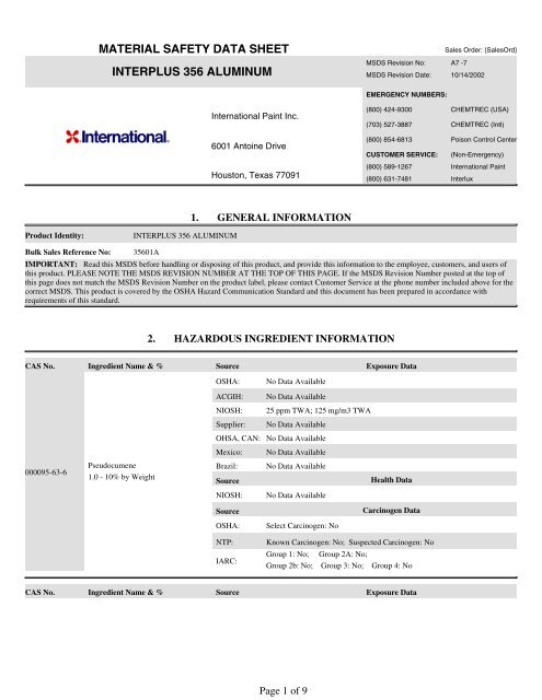 material safety data sheet interplus 356 aluminum - datasheets.intern...
