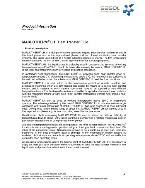 Product Information MARLOTHERM LH Heat Transfer Fluid