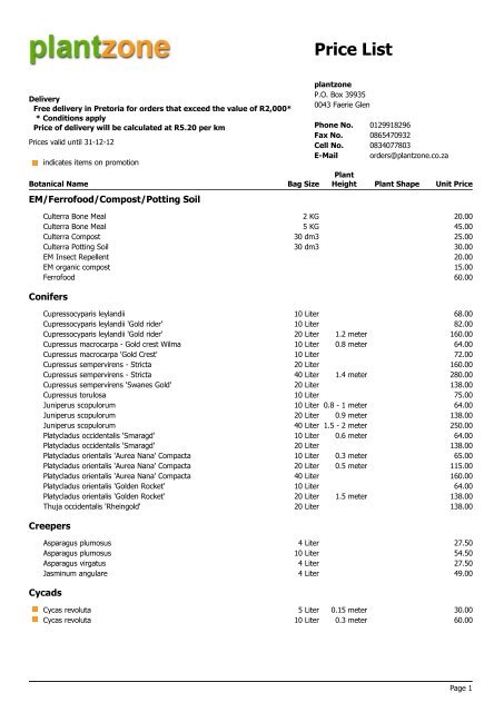 Price List - Plantzone