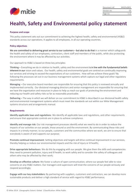 Health, Safety and Environment policy statement - Mitie