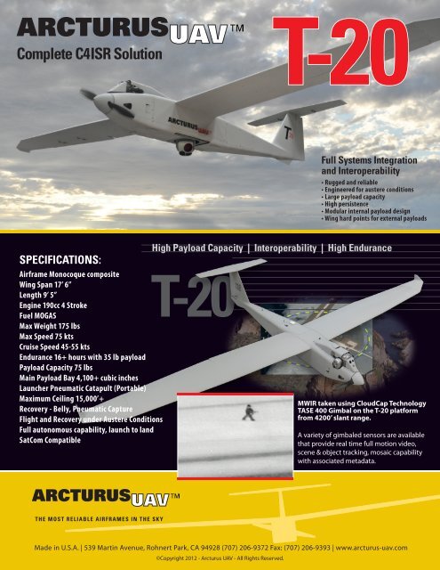 Arcturus UAV T-20 Spec Sheet