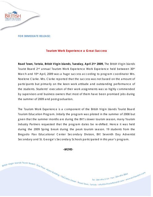 Tourism Work Experience a Great Success - British Virgin Islands ...