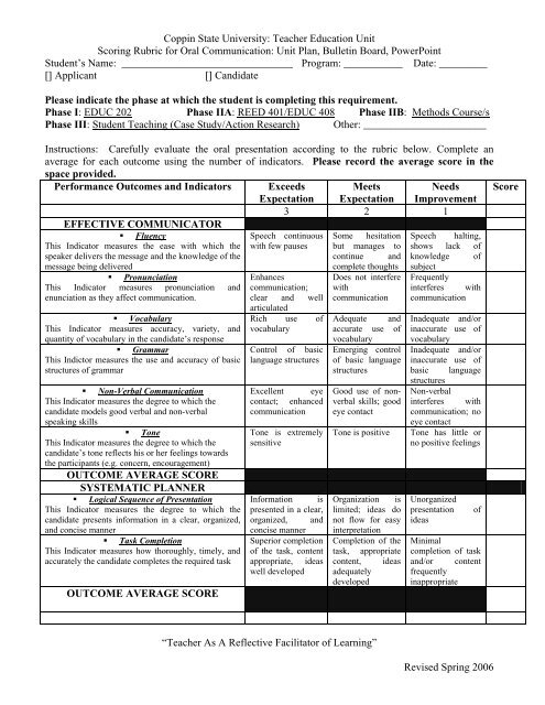 Scoring Rubric for Oral Communication - Coppin State University