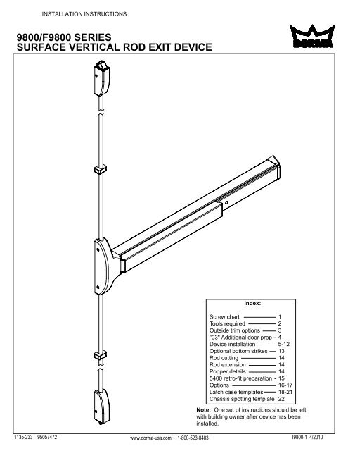 surface vertical rod exit device 9800/f9800 series - DORMA ...