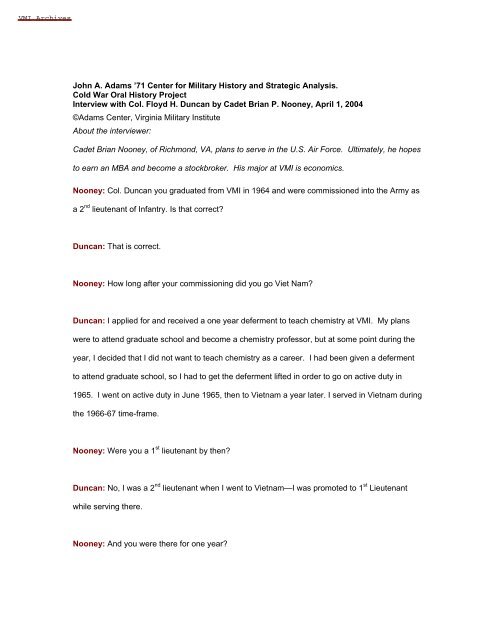 Vietnam War Oral History. Floyd H. Duncan Interview Transcript