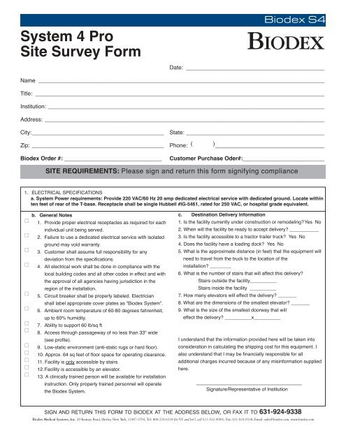 System 4 Pro Site Survey Form - Biodex