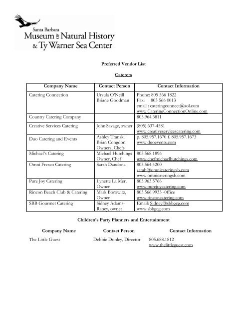 Preferred Vendor List Caterers Company Name Contact Person ...