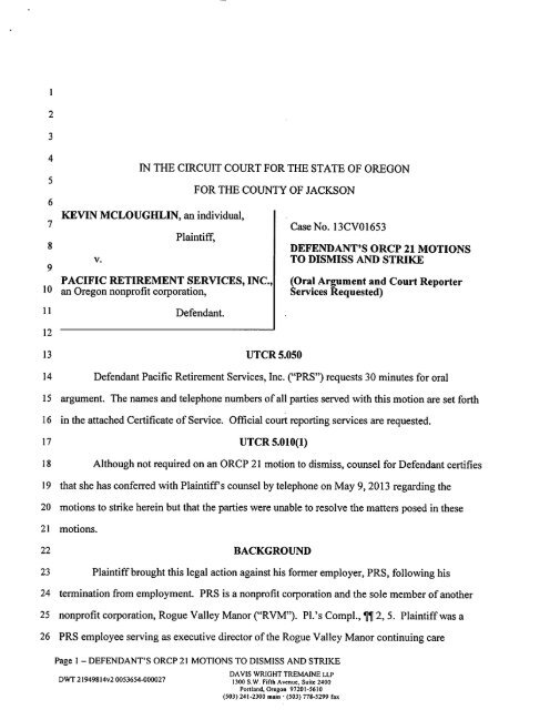 Defendant's ORCP 21 Motions to Dismiss