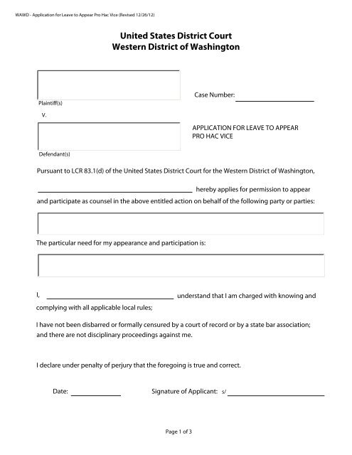 Pro Hac Vice Application - Western District of Washington