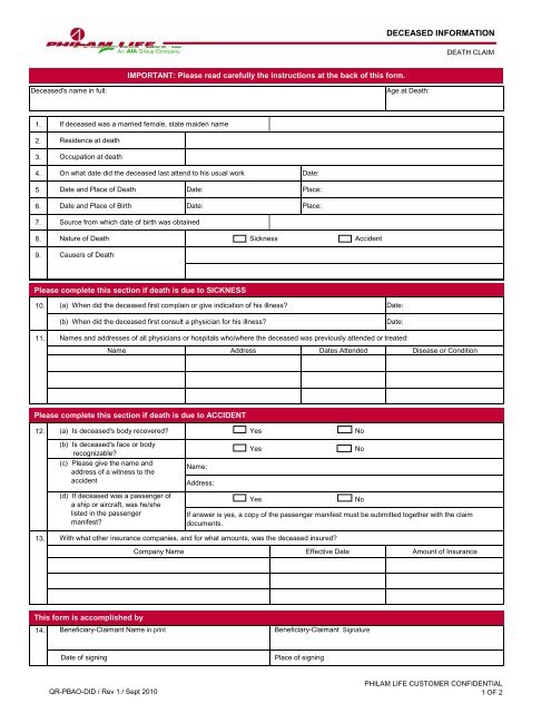 Deceased Information Form - Philam Life