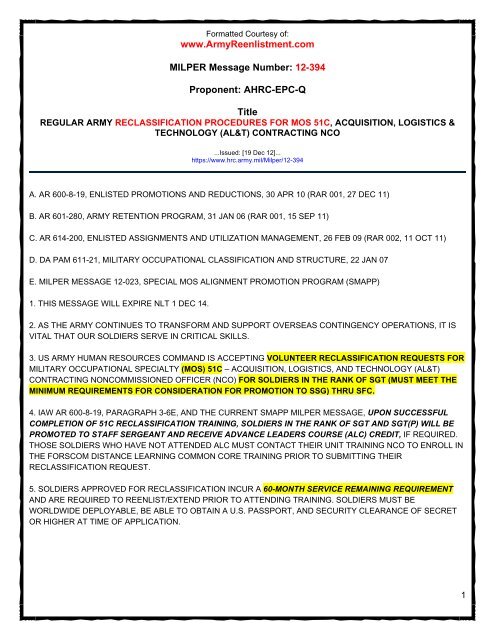 www.ArmyReenlistment.com MILPER Message Number: 12-394 ...