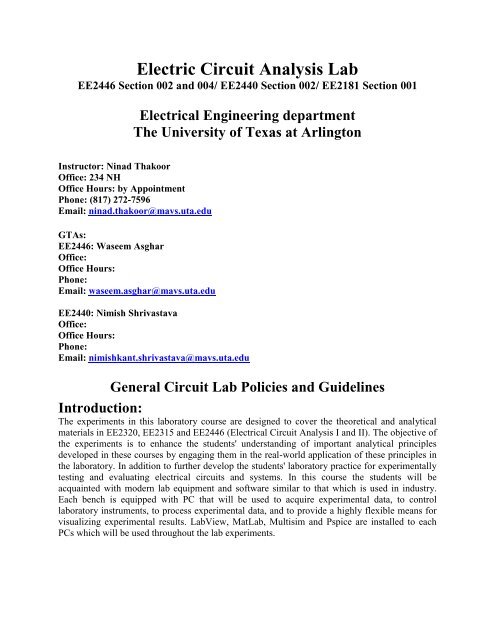 Electric Circuit Analysis Lab - The University of Texas at Arlington