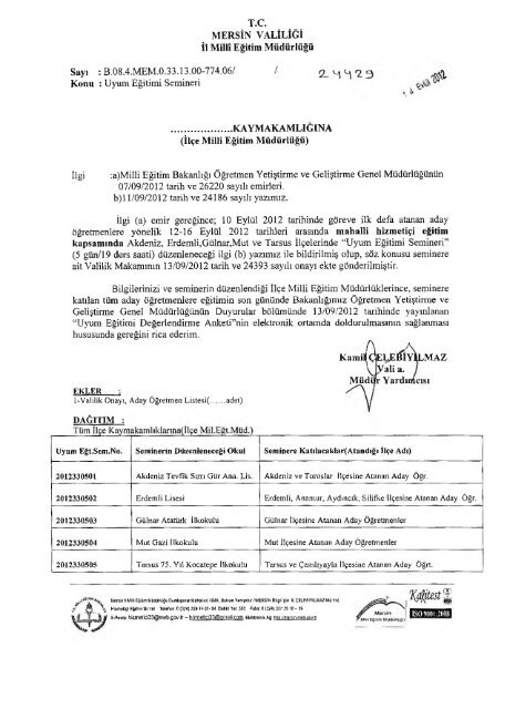 Yazı ve Makam Onayı. - Mersin İl Milli Eğitim Müdürlüğü