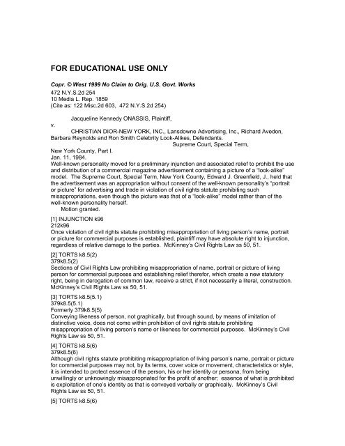 Onassis v. Christian Dior-New York, Inc. - Mark Roesler