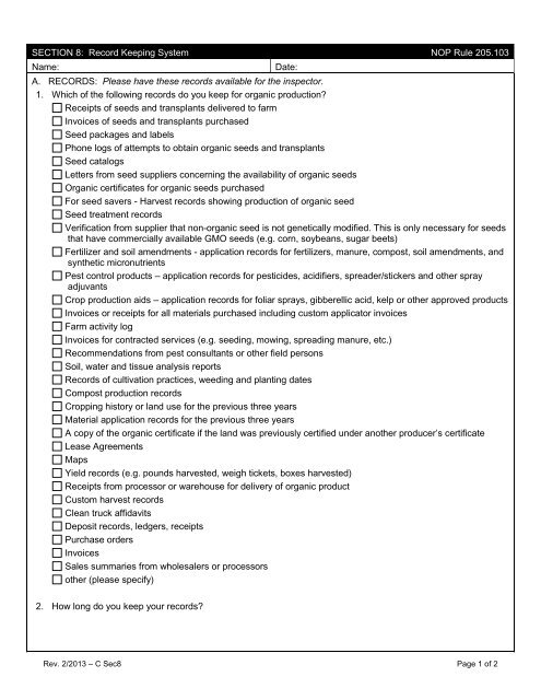 Organic Farm Plan Questionnaire
