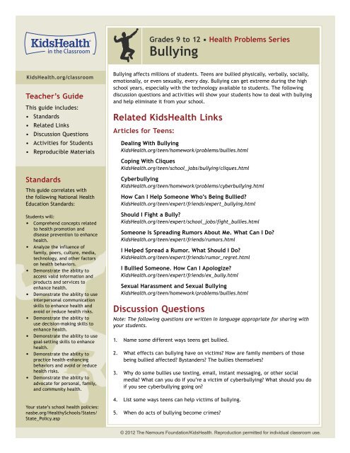 Bullying (grades 9 to 12) - KidsHealth in the Classroom