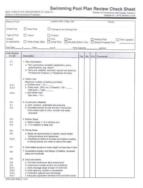 DOH-2434 Swimming Pool Plan Review Checklist - Monroe County