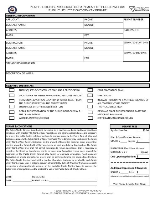 Public Utility Right-of-Way Permit Application (PDF) - Platte County