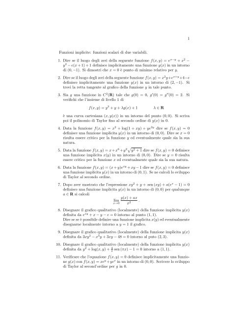 Qualche esercizio sul teorema delle funzioni implicite