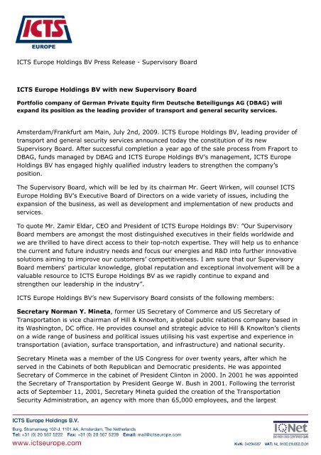 ICTS Europe Holdings BV Press Release - Supervisory Board