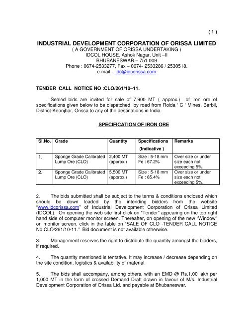 industrial development corporation of orissa limited - Tender