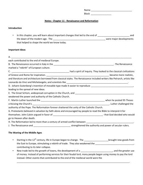 Notes: Chapter 11 - Renaissance and Reformation ... - Sharyland ISD