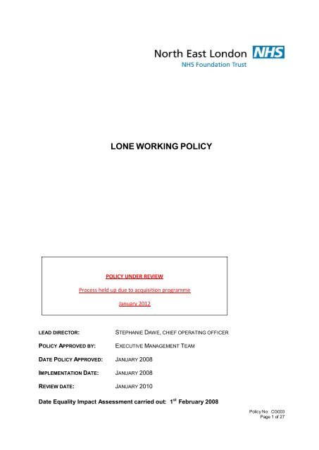 LONE WORKING POLICY - North East London NHS Foundation Trust