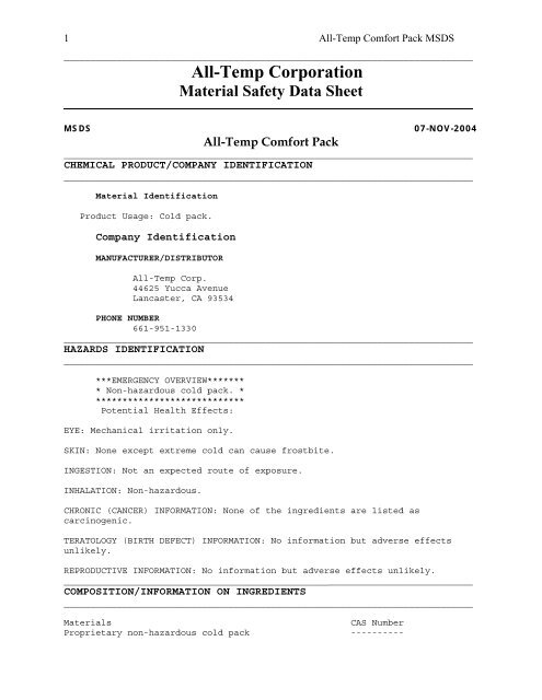 MSDS ALL-TEMP Hot/Cold Packs - ScripHessco
