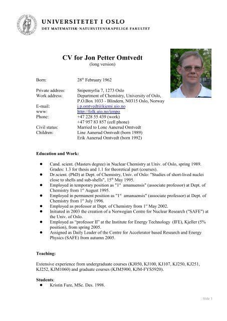 CV for Jon Petter Omtvedt