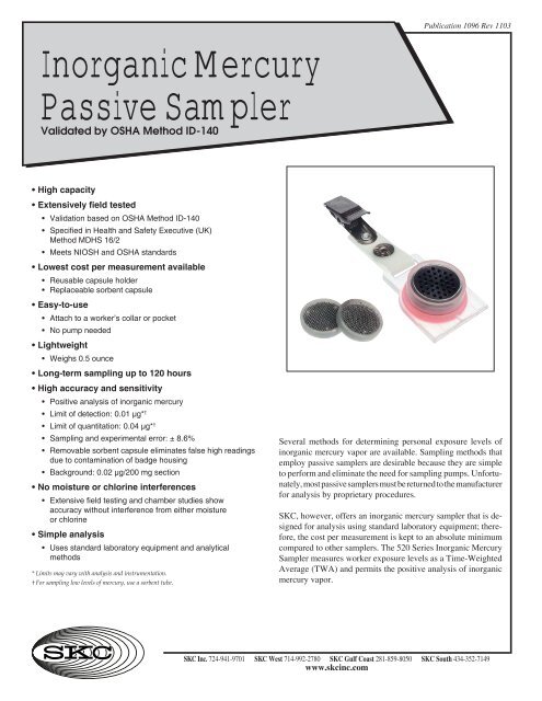 Inorganic Mercury Passive Sampler Product Data Bulletin ... - SKC Inc.