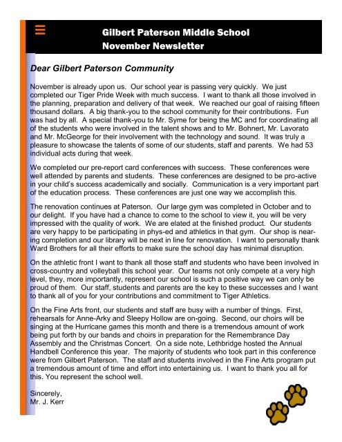 Gilbert Paterson Middle School November Newsletter