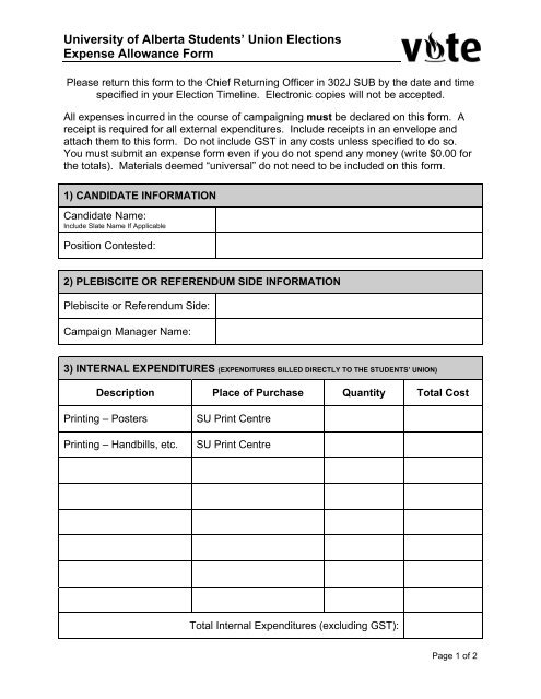 Expense Allowance Form - University of Alberta Students' Union